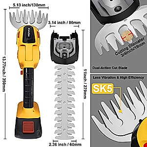 KwuLee 24V Cordless Hedge Trimmer & Grass Shear, 2 in 1 Handheld Shrubbery Trimmer Electric Grass Trimmer, Lightweight & Safe Grass Cutter/Hedge Shear with 2 Pcs Rechargeable Batterys and Charger
