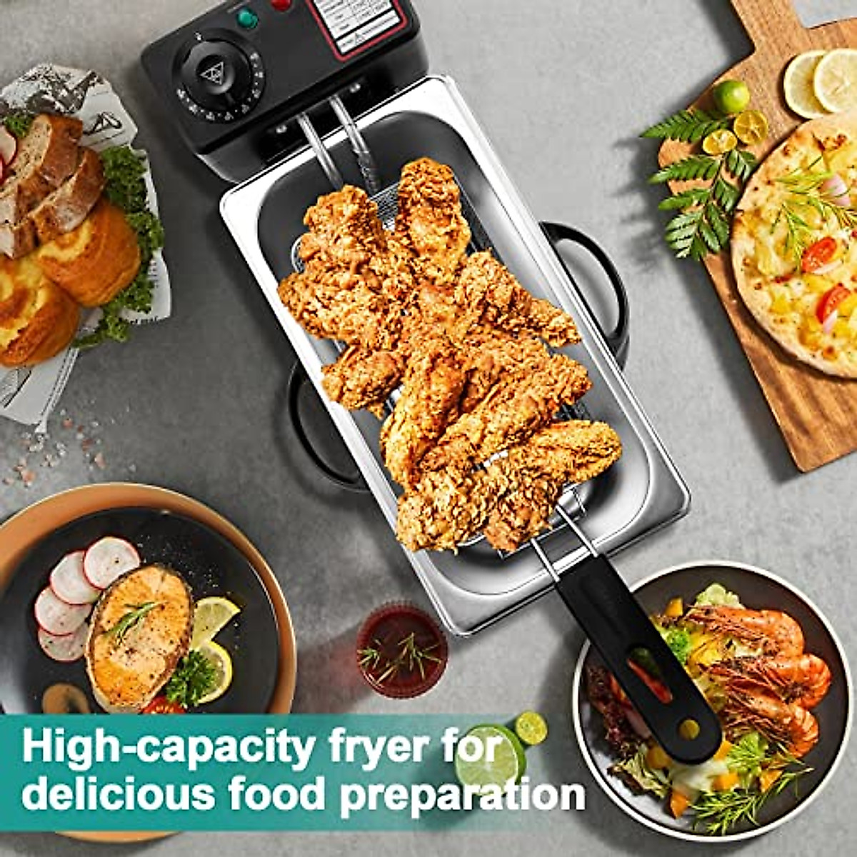 SUEWRITE Deep Fryer with Basket, 4.2 Qt Stainless Steel Electric Deep Fryer 1650W Oil Fryer Pot with Temperature Control Cool Touch Sides Silver