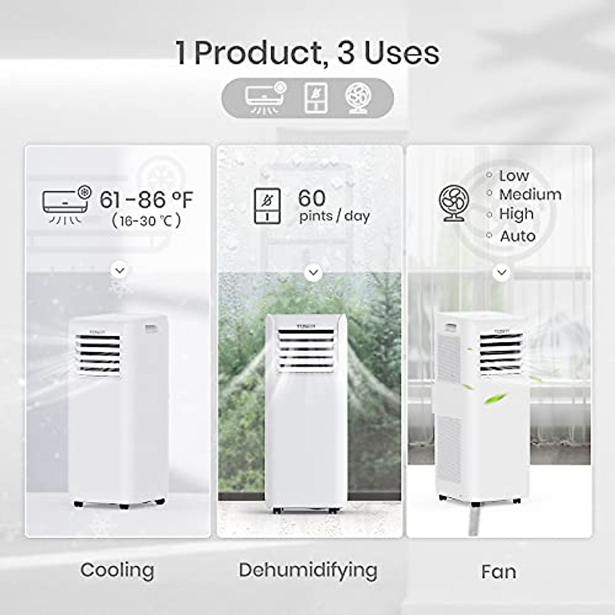 TOSOT 10,000 BTU Air Conditioner Easier to Install, Quiet and 3-in-1 Portable AC, Dehumidifier, Fan for Rooms Up to 300 sq ft, Aovia Series, White