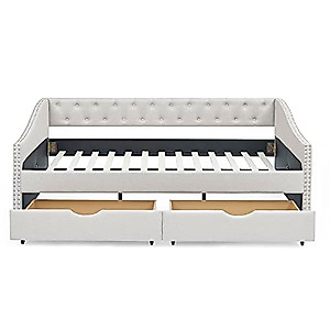 GEEVIVO Daybed with Two Storage Drawers,Full Size Upholstered Tufted Sofa Bed with Nailhead Trim,Mid-Century Twin Wood Sofa Bed for Living Room,Guest Room,Bedroom