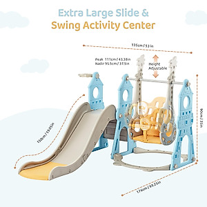 4-in-1 Toddler Slide and Swing Set with Extra Large Playground, Basketball Hoop & Climber, Indoor/Outdoor Playset, Castle Collection - Blue & Yellow