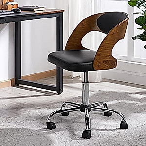 Yaheetech Home Office Desk Chair Modern Mid-Century Walnut Wood Chrome Finish Computer Chair Faux Leather Seat Height Adjustable Stool with 360° Swivel Wheels, Black