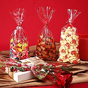 150 Pieces Valentine Cellophane Bags Treat Bags Goodies Bags Candy Bags with 150 Pieces Twist Ties for Valentine's Day Party Favor Supplies (Lip, Rose and Happy Valentine's Day Design)