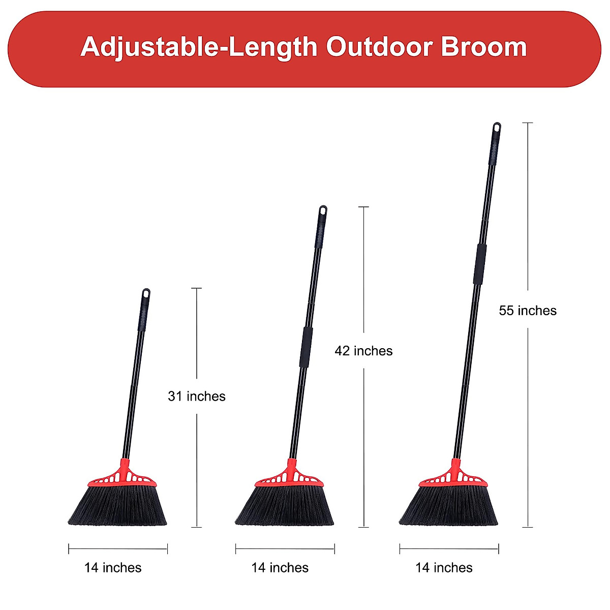 Tiumso Heavy Duty Broom, Outdoor Brooms, Commercial Broom for Sweeping Indoor, Kitchen Broom with 55" Long Handle, Angle Brooms for Patio Kitchen Shop Sidewalk - Black and Red