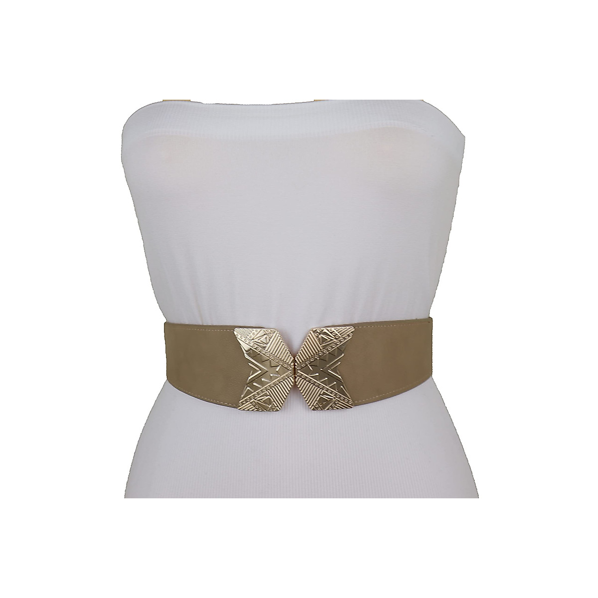 TrendyFashionJewelry Women Fashion Elastic Wide Waistband Belt Hip High Waist X Shape Gold Metal Buckle S M Beige