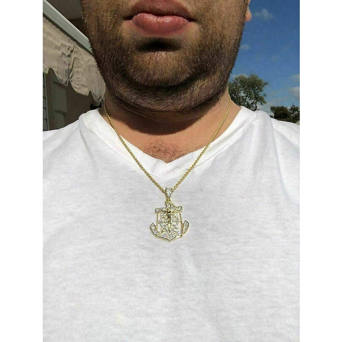 HarlemBling Solid 925 Sterling Silver -Jesus On Anchor Cross Pendant - Hip Hop Iced - Natural Silver Or Two Tone Gold Finish (Two Tone)