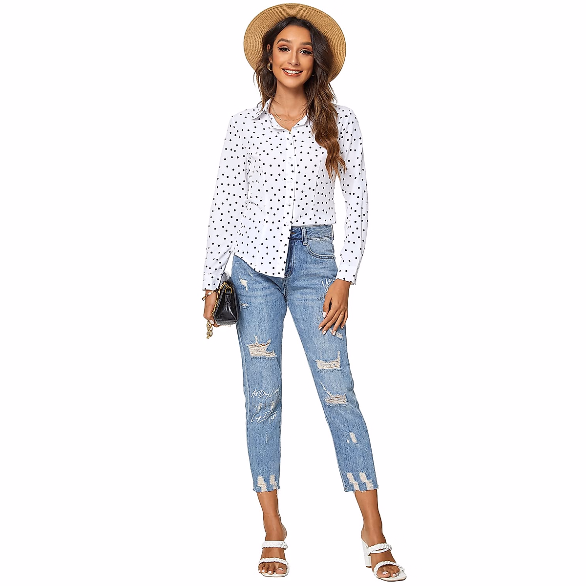 Atnlewhi Women Basic Long Sleeve Button Down Shirts Simple Pullover, Polka Dot/White, M