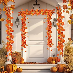 Noverlife 12 Pack 90Ft Artificial Maple Leaf Vine, Fake Foliage Autumn Leaves Garland Hanging Plant for Home Garden Hotel Wedding Party, Fall Leaves Vines for Thanksgiving Holloween Festivals Decor