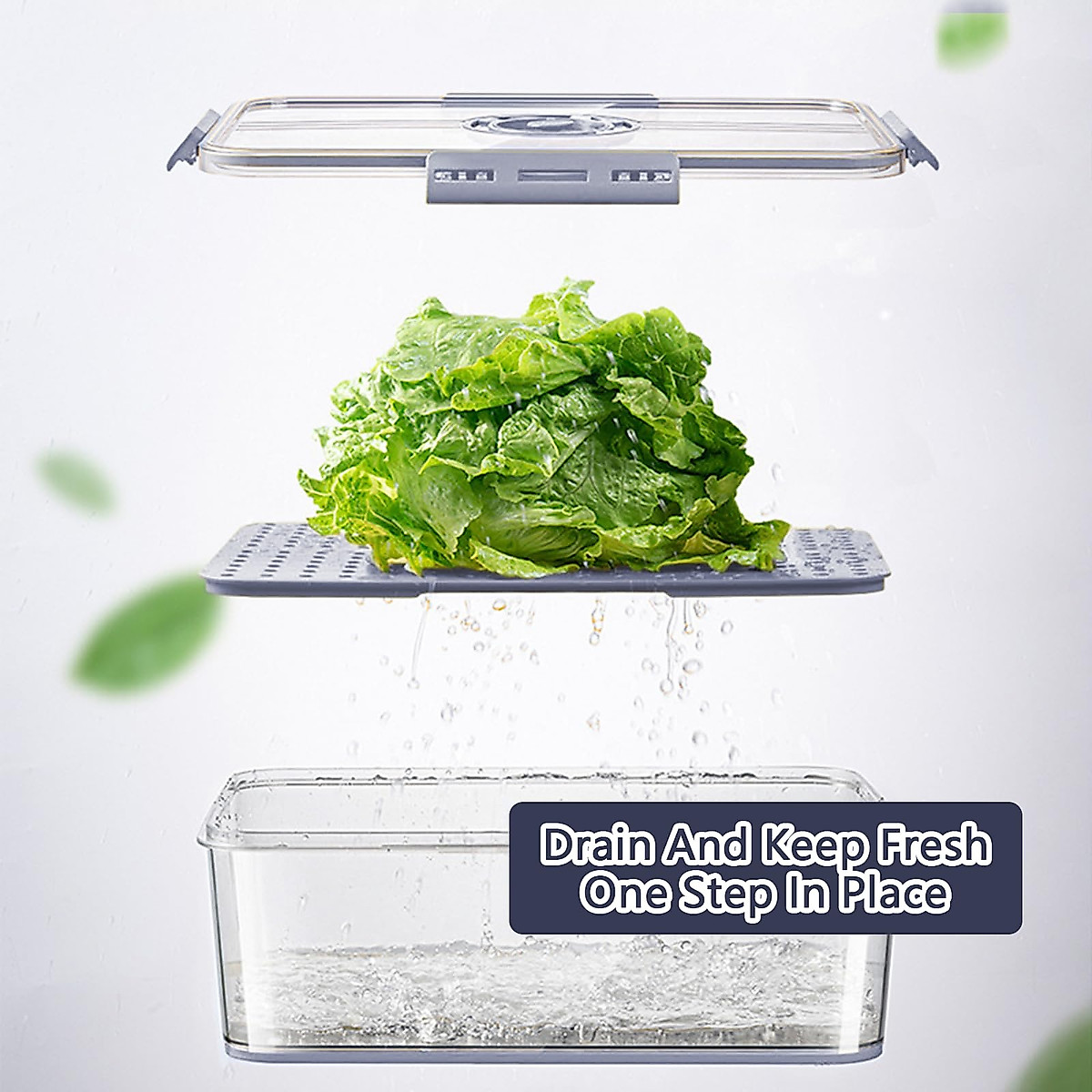 Dafape Refrigerator Organizer, Food Storage Container with Freshness Timer Lid Drain Tray Storage Bins for Fruits Vegetable Meat Dumpling Kitchen Fridge Plastic Reusable Stackable Non-Slip (Gray)