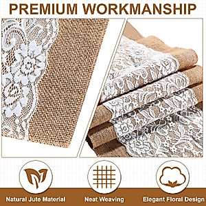 12 Pack Lace Burlap Table Runner Rustic Natural Jute Table Runner 12 x 72 Inch Farmhouse Hessian Table Cloth for Vintage Country Wedding Birthday Thanksgiving Christmas Party Table (Flower)
