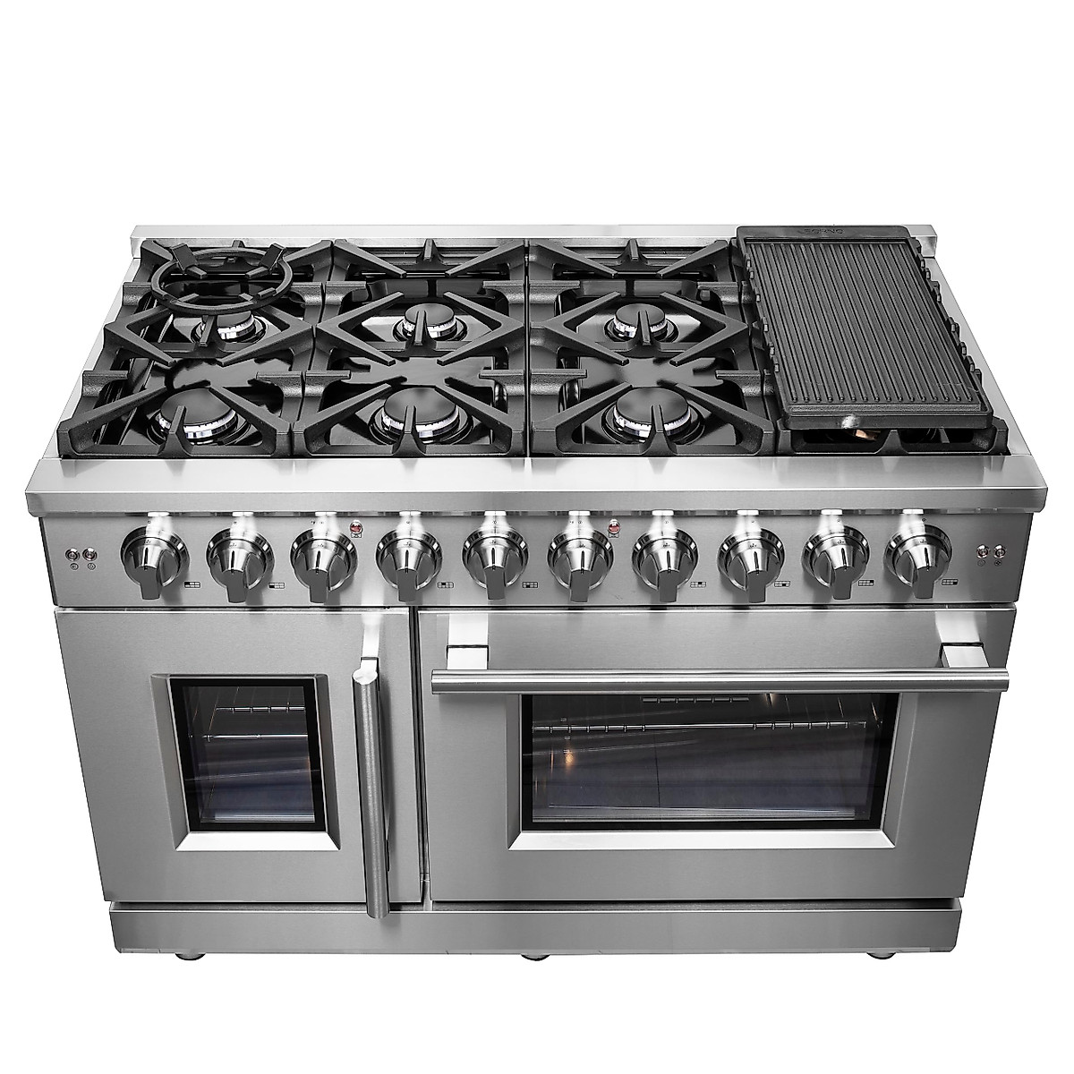 Forno 48-inch French Door Gas Range with 1 Sealed Dual-Ring Brass Burner 20K BTU - 4.32 Cu.Ft Convection Fan Oven 30,000 BTU - Modern Design Kitchen Range with Air Fryer Basket, Rack & Drip Pan