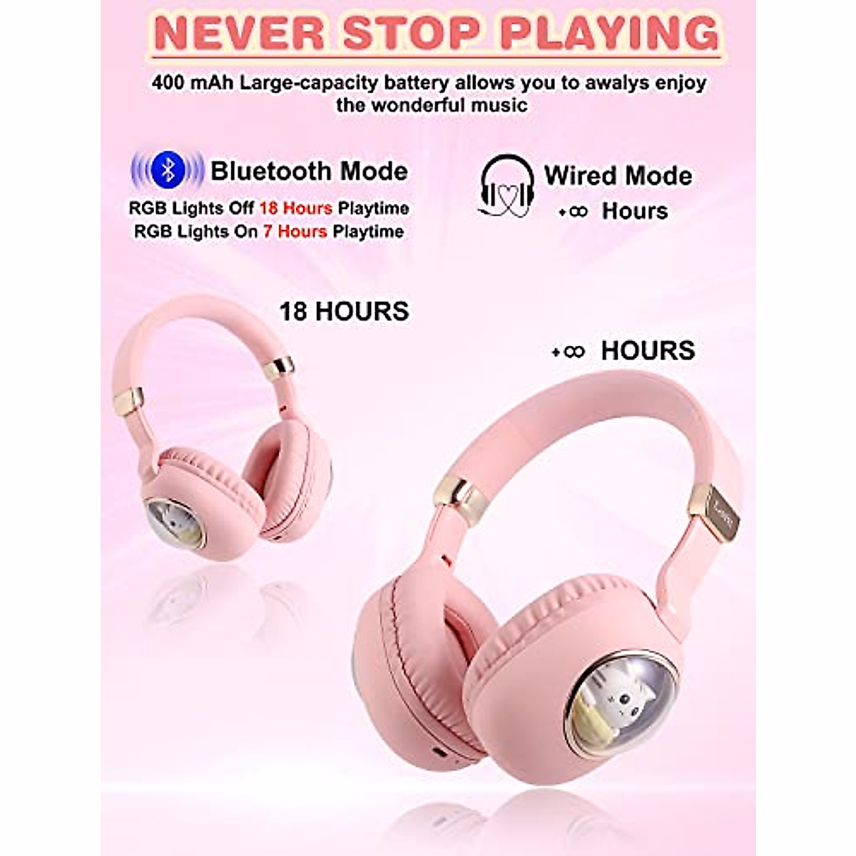 Usoun Kids Wireless Headphones, Bluetooth Over Ear Headphones with Cute Cat Colorful LED Lights,Wireless&Wired,Foldable,Build-in Mic,Bluetooth Headphones for Kids Girls Teens Adults,School (Pink)