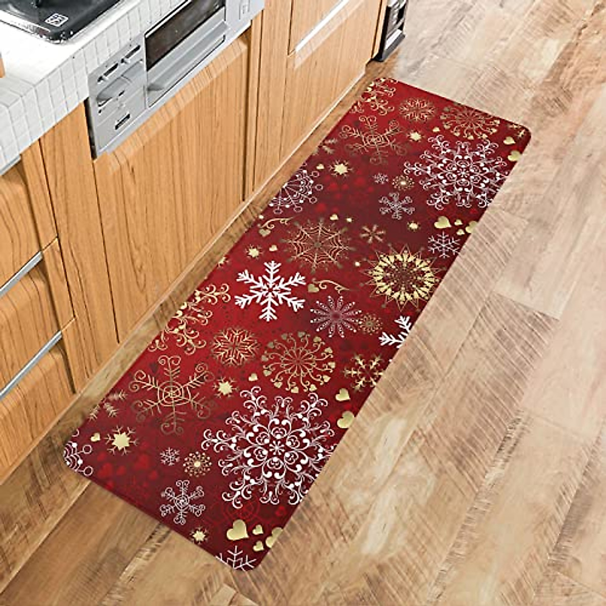 Libaoge Kitchen Mat Rug 1 PCS Christmas Golden Snowflake Red Runner Rug Anti-Fatigue Comfort Memory Foam Standing Mat Non-Slip Floor Door Mat for Bathroom Bedroom 24x71in