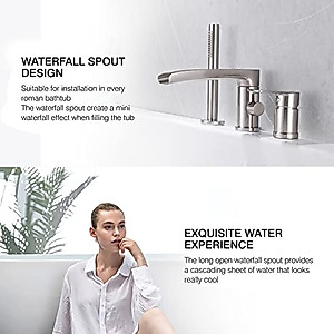 TapLong Waterfall Roman Tub Faucet with Hand Shower, Widespread Deck Mount Bathtub Faucet with Sprayer, Single-Handle 3-Holes Bathtub Shower Faucet Set in Brushed Nickel, 03119BN