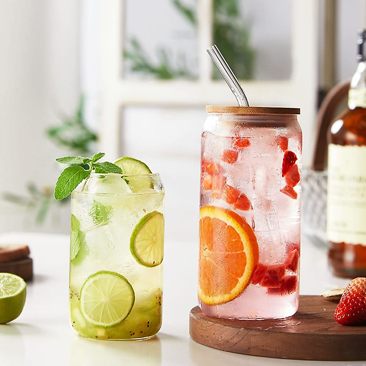 Sohapy Drinking Glasses 4pcs Set, Can Shaped Cups with Bamboo Lids and Glass Straw, 16oz Beer Glasses, Tumbler Cup, Wine Whiskey Cups Iced Coffee Glasses, Ideal for Cocktail, Gift - 2 Cleaning (4)