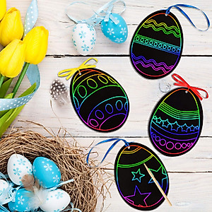 48 Pieces Scratch Paper Easter Scratch Craft Art Easter Day Ornaments Colorful Scratch Easter Day Rainbow Cutouts with 48 Wooden Sticks and 48 Colorful Ribbons for Kids Church Class (Egg)