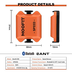 moofit Bike Speed Sensor, Bluetooth & ANT+ Wireless RPM Cycling Spin Bike Cadence Sensor for Wahoo/Coosporide/Rouvy/Peloton, IP67 Waterproof, Orange