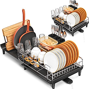 TOOLF Expandable Dish Drying Rack - Extendable Dish Rack for Kitchen Counter, Large Collapsible Countertop Dish Drainer with Pan & Pot Holder, Stainless Steel Dish Strainer with Cup & Utensil Holder