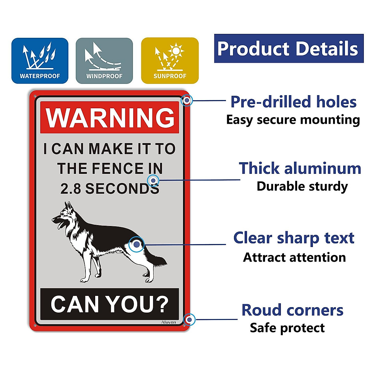 Beware Of Dogs Sign For Fence German Shepherd Sign Warning I Can Make It to The Fence in 2.8 Sec. Sign Metal 12" x 8" Dog On Premises Signs Dog Warning Signs Reflective Rust Aluminum Outdoor 2 Pack