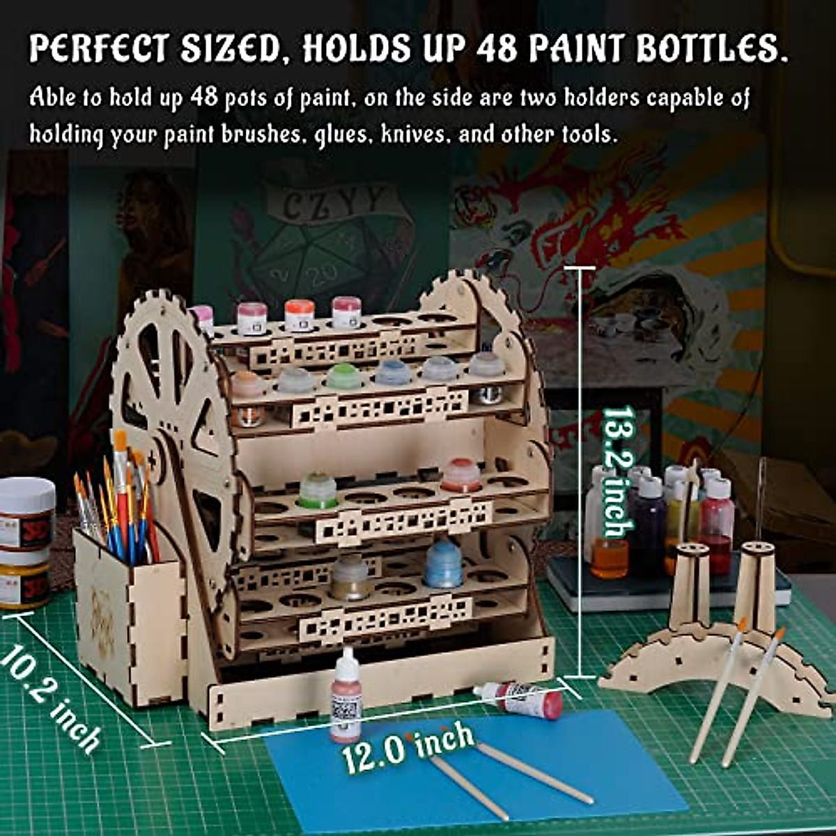 Rotating Carousel Paint Storage Rack Holds 48 Citadel/Vallejo/Army Painter Botlles Wooden Hobby & Craft Painting Station Organizer Caddy for D&D, Warhammer, Tabletop RPG Miniature, Model and Terrain