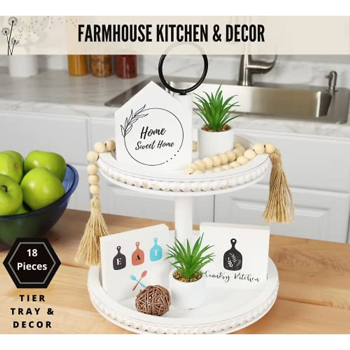 Mahinoko 18 PCs Farmhouse Tiered Tray Stand with Tier Tray Decor - Incl 2 Artificial Succulent Plants - Housewarming Gift New Home Sweet Home - Kitchen Decor Tier Tray Decor Set