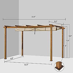 Domi Outdoor Living 9’ x 13’ Outdoor Retractable Pergola Against The Wall with Weather-Resistant Canopy Aluminum Garden Pergola Patio Grill Gazebo for Courtyard(Teak Coated)