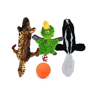 Large Dog Toys Set of 3 Plush Stuffingless Animals 24 Inches - Skunk/Wolf Squeaky Toys - Duck Squeaky w/ Crinkle Body and Rope for Tug. Rubber Ball for Aggressive Chewers Medium/Large Dogs + Carry Bag
