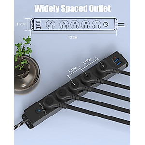 Surge Protector Power Strip with USB C Ports, 5 Outlets 3 USB Ports(1 USB C), 5FT Braided Extension Cord with Multiple Outlets, Mountable Power Strips Flat Plug for Home, Office, Dorm