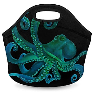 Insulated Neoprene Lunch Bag for Women Men Kids Watercolor Green Sea Octopus Lunch Box Reusable Small Lunch Tote Bag Cooler Bag for School Work Picnic