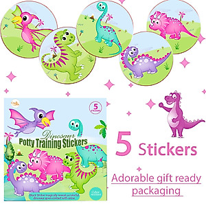 Magic Potty Training Stickers Pack - Potty Training Seat Magic Sticker | Girl Dinosaur Toddler Potty Training Toilet Sticker | 5Pack w/Potty Reward eBook | Use w/or W/Out Potty Chart or Watch