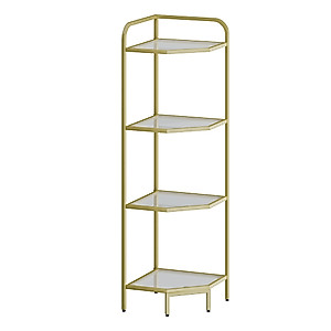 Hzuaneri Corner Shelf Stand, Glass Bookshelf Bookcase, Bathroom Organizer, Plant Stand, Steel Frame, Tempered Glass, Modern Style for Living Room, Bathroom, Kitchen, 4-Tier Golden CS90400G