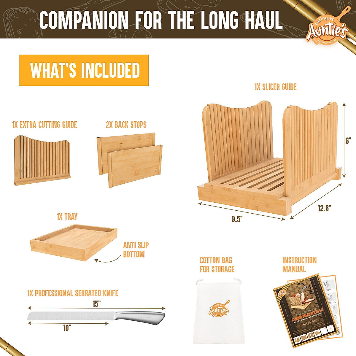 Bamboo Bread Slicer with Professional Bread Knife & Crumb Catcher Tray – Fully Adjustable for 3 Slice Thickness & Extra Tall Cutter Guide – Enjoy Homemade Bread Like Bagel, Sourdough, Cake