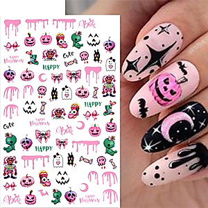 JMEOWIO 9 Sheets Pink Halloween Nail Art Stickers Decals Self-Adhesive Pegatinas Uñas Cute Skull Ghost Witchy Spider Web Bat Candy Pumpkin Nail Supplies Nail Art Design Decoration Accessories
