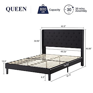 Allewie Queen Size Bed Frame with Button Tufted Wingback Headboard, Modern Upholstered Bed Frame with Solid Wooden Slats Support - No Box Spring Needed, Easy Assembly, Black