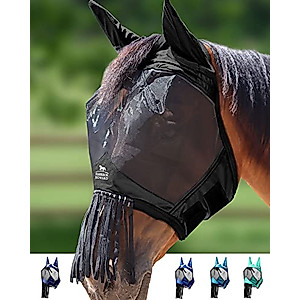 Harrison Howard CareMaster Horse Fly Mask with Ears and Nose Fringe Fly Protector Defender Mask Piano Black Full Size
