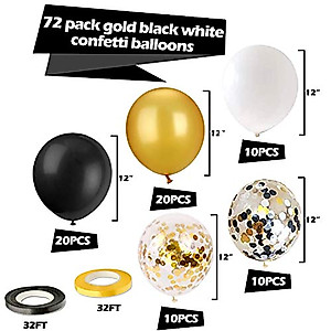 72 Pack Black Gold Confetti Balloons Kit, 12 Inch Black Gold White Balloons and Gold Confetti Balloons with Balloon Ribbons for Graduation Birthday Wedding Baby Shower Party Decorations