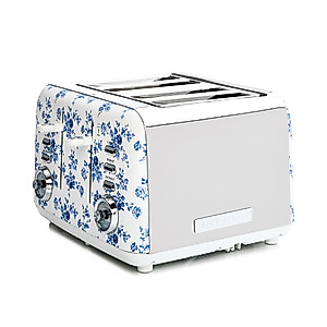 VQ Laura Ashley China Rose Stainless Steel 4 Slice Toaster | Bagels & Bread Toasters 4 Slices Wide Slot with Adjustable Heating & Defrost Mode | Grille Pain 4 tranches with Croissant Warming Rack
