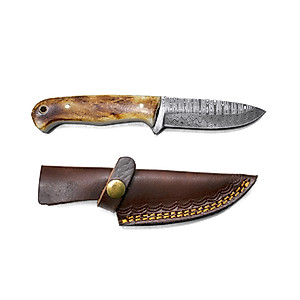 Titan International Knives High Carbon Damascus Steel Hand Forged Hunting,Camping and Survival Knife for Men Fixed Blade and Burnt Camel Bone Handle with Leather Sheath