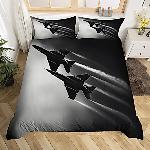 Manfei Airplanes Duvet Cover,Vintage Fighter Plane Military Style Duvet Cover for Boys Girls Teens Adults,Aircraft Photography Black Gray Bedroom Decor Soft with 2 Pillowcases