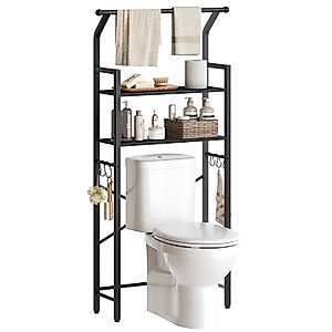 YATINEY Over The Toilet Storage, 2-Tier Bathroom Organizer Shelves with Hooks, Multifunctional Vertical The Toilet Shelf Storage Rack for Bathroom, Black TR01BB