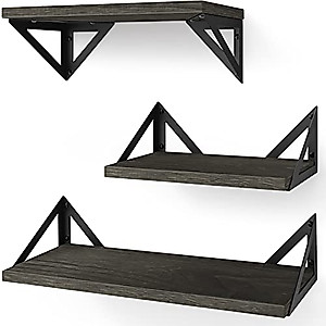 BAYKA Floating Shelves for Bedroom Decor, Rustic Wood Wall Shelves for Living Room Wall Mounted, Hanging Shelving for Bathroom, Laundry Room, Small Shelf for Plants, Books(Charcoal,Set of 3)