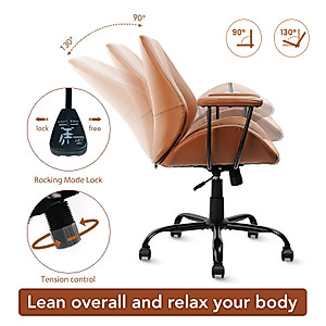 CLATINA Ergonomic Home Office Chair PU Leather Desk Chair with Wheels, Mid Century Modern Swivel Rolling Computer Task Chair with Armrests and Lumbar Support, Brown 400lbs