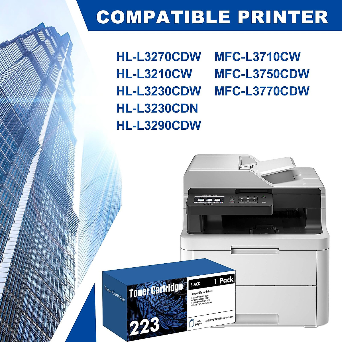TN223 TN-223 Toner Cartridge Compatible for Brother TN 223 TN223BK/C/M/Y TN-227 TN227 for HL-L3270CDW HL-L3210CW HL-L3230CDW HL-L3230CDN MFC-L3710CW MFC-L3750CDW MFC-L3770CDW Printer (4-Pack)