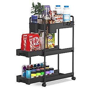 SPACEKEEPER Rolling Storage Cart, Slide Out Bathroom Organizer 3-Tier Laundry Room Organization Shelf Mobile Utility Cart with Hanging Cups, Dividers for Kitchen Bathroom Narrow Spaces, Black