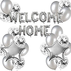 JumDaQ Welcome Home Letter Balloon Banner with Star Confetti Balloons for Home Family Party Decorations( 24 Pack) (Silver)