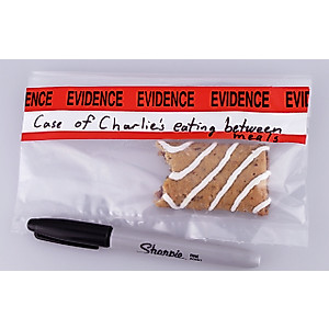 ChromaLabel 1.37 Inch Imprinted Evidence Tape Stickers, Tamper Evident Tape Crime Scene Decorations - 480 Inch Roll (13.33 Yards) with Dispenser Box, Red and White