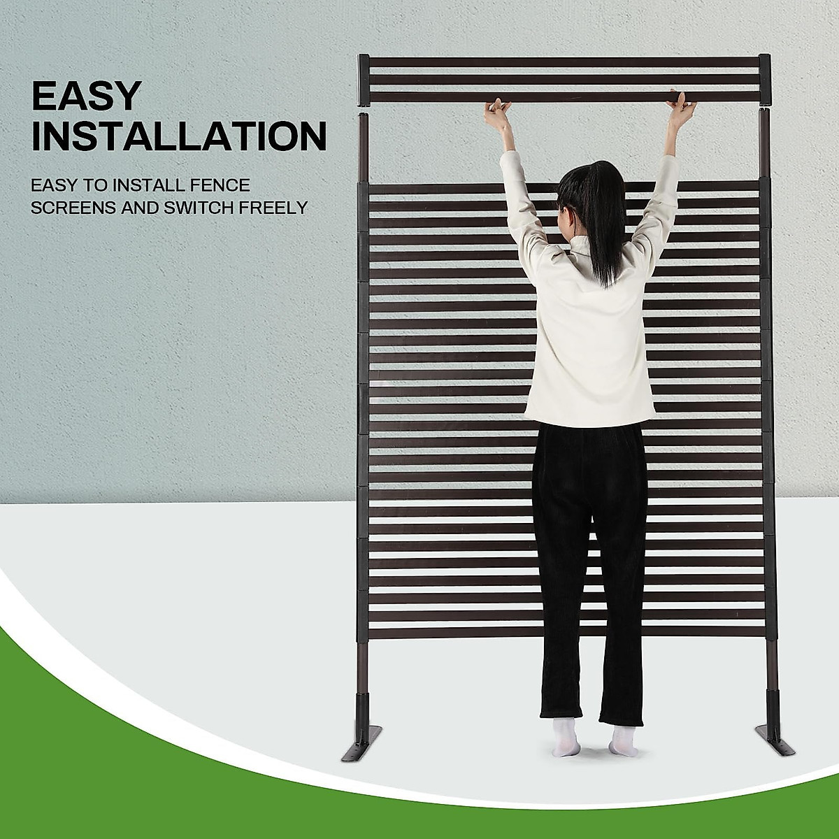 YOTOWORTH Patio Privacy Fence Screen, Outdoor Metal Slatted Decorative Privacy Screen and Panels Freestanding for Patio Divider, Brown Outdoor Privacy Screen with Stand, 71" H×35.4" W