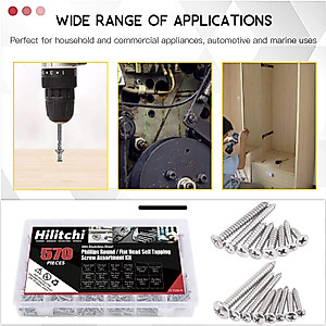 Hilitchi 570 Piece M 3 4 5 6 Stainless Steel Phillips Round Flat Head Self Tapping Screw Assortment Kit