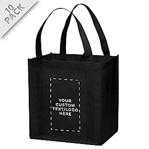 DISCOUNT PROMOS Custom Reusable Grocery Tote Bag for Shopping - 10 Pack - Personalized Logo, Text -Small Foldable Bags – Black