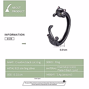 RUKYF 925 Sterling Silver Black Cat Rings with Black Gold Plating Dainty Stackable Adjustable Rings for Women Men Cute Cat Gifts for Cat Lovers